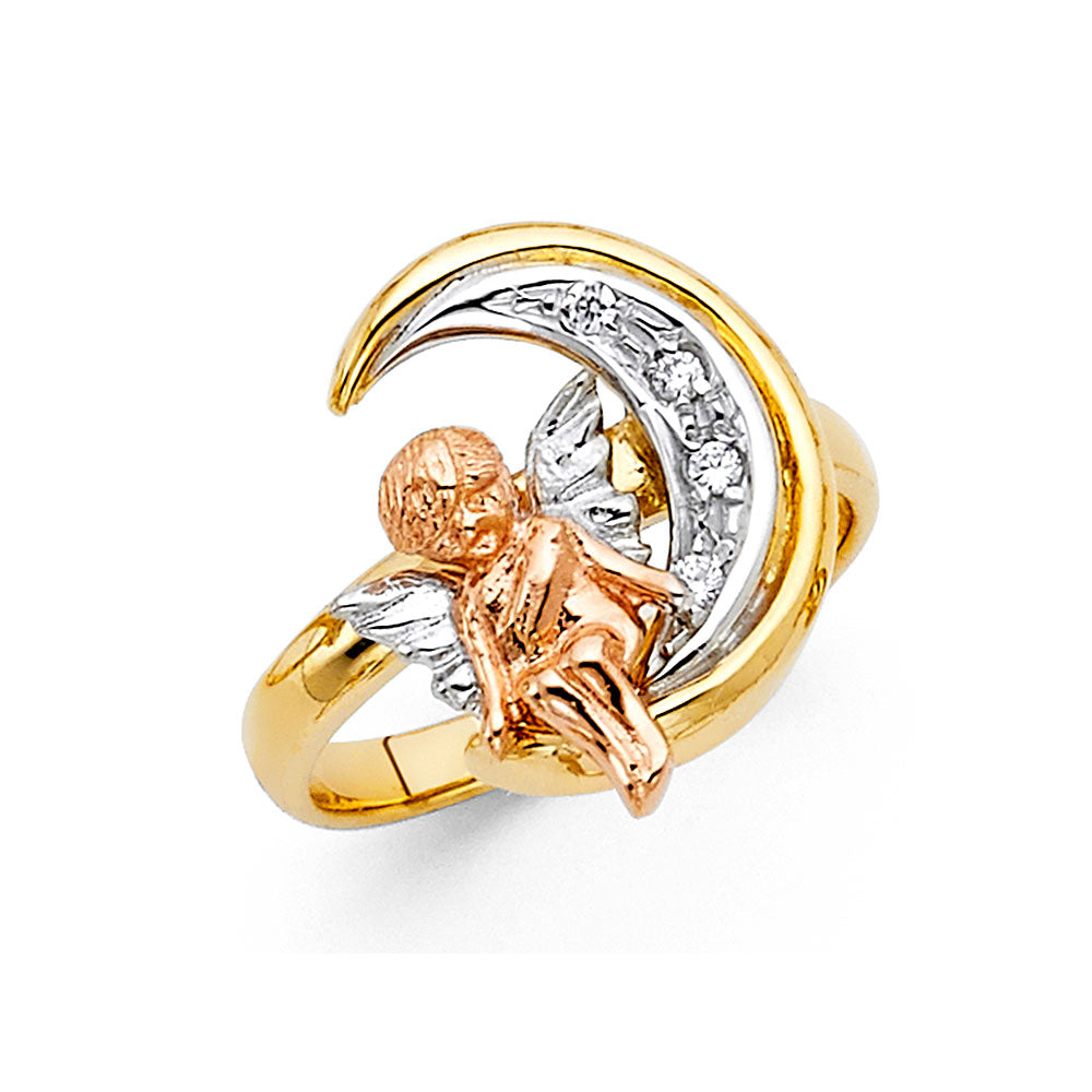 14K Tricolor CZ ANGEL and MOON Ring 4.4grams – Silverdepot