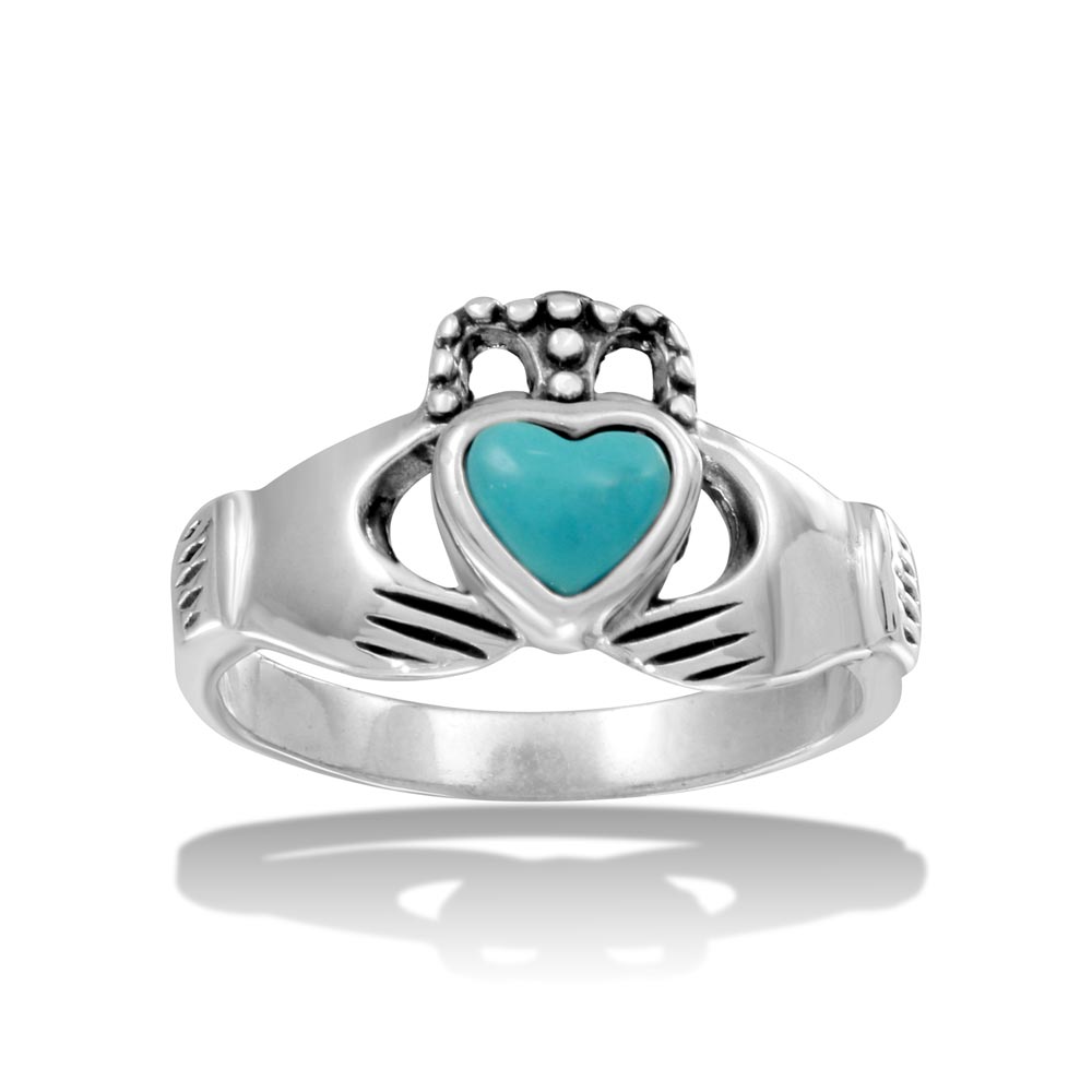 Sterling Silver High Polished Claddagh Ring with Turquoise Heart ...