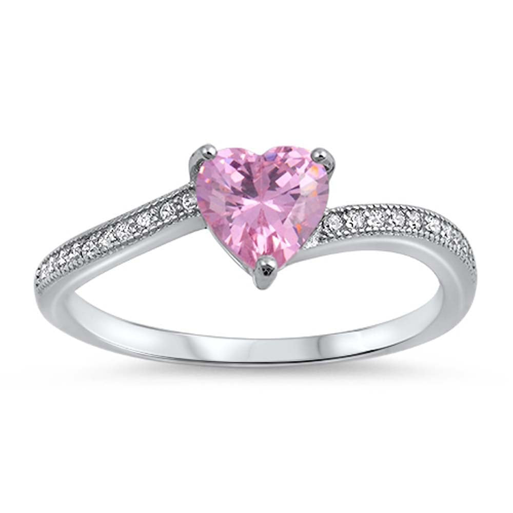 Sterling Silver Pink CZ Heart Stone with Clear CZ RingAnd Face Height ...